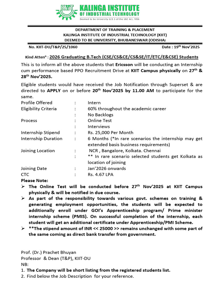 Registration For Ericsson Internship Cum PPO Recruitment Drive - 2026 Graduating Batch | PDF ...