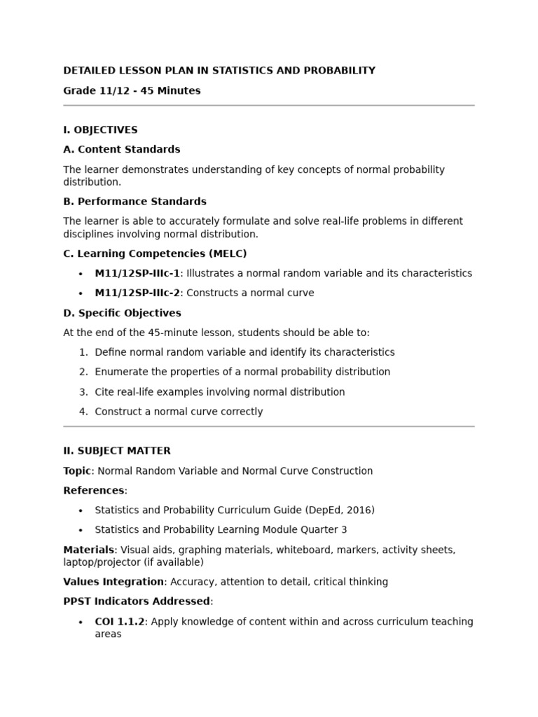 Grade 11/12 Normal Distribution Lesson Plan | PDF | Normal Distribution ...