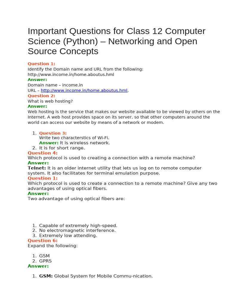 Important Questions For Class 12 Computer Science | PDF | Computer ...