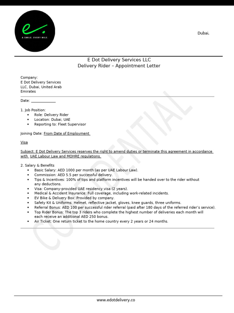 E Dot Delivery Rider Appointment Letter | PDF | United Arab Emirates ...