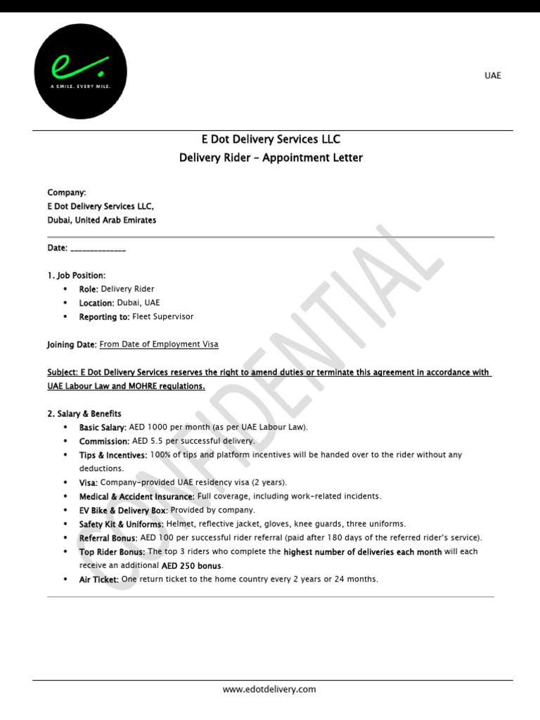 Delivery Rider - Draft - Appointment Letter | PDF | United Arab ...
