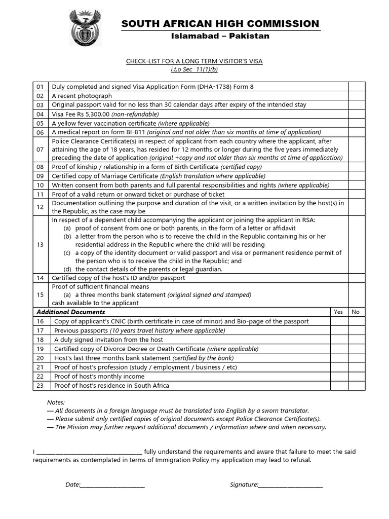 South Africa Long-Term Visa Checklist | PDF | Travel Visa | Birth ...