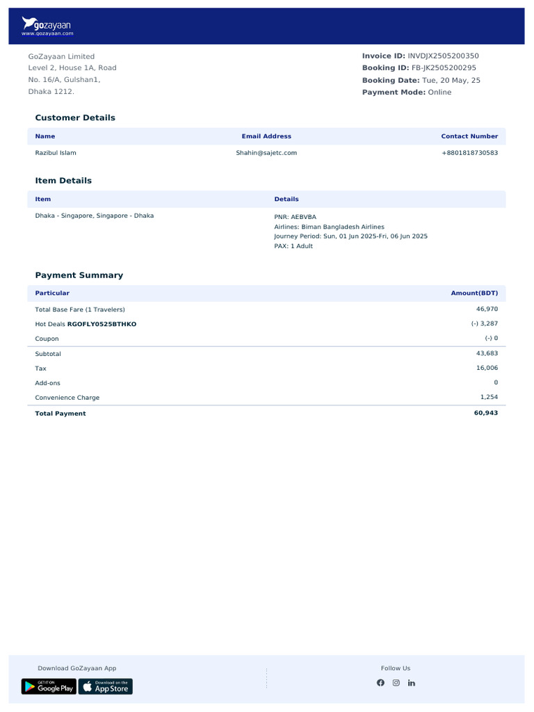 GoZayaan Flight Invoice - ID - INVDJX2505200350 | PDF
