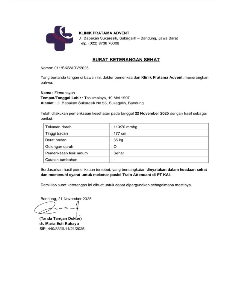 Surat Keterangan Sehat Dokter | PDF