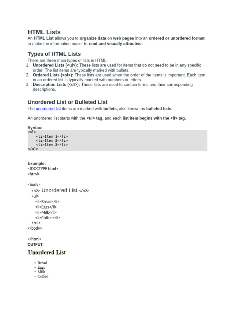 HTML Lists: Types and Examples | PDF
