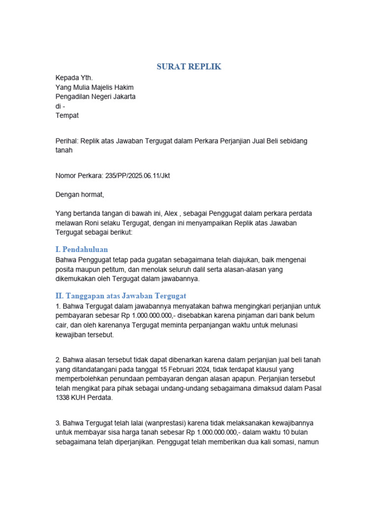 Contoh Surat Replik | PDF