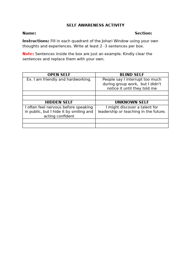 Self Awareness Activity | PDF