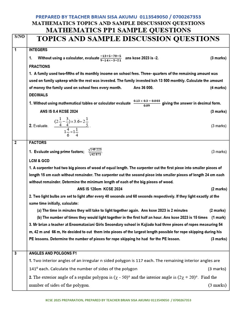 Kcse Preparation 2025 by Brian Sisa Akumu-1-1 | PDF | Circle | Area