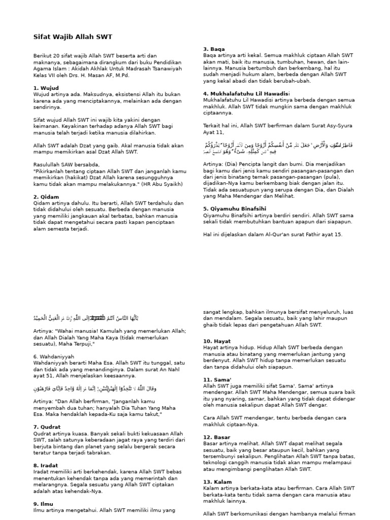 20 Sifat Wajib Allah SWT dan Artinya | PDF