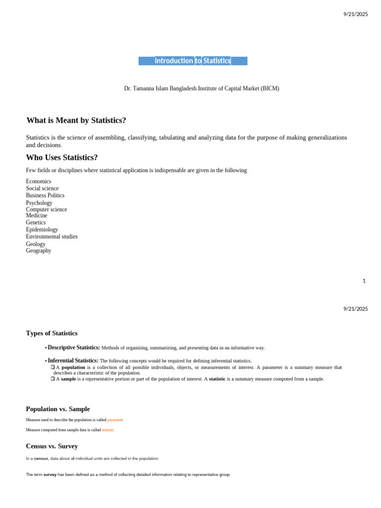 Lecture 01 - What Is Satistics | PDF | Statistics | Level Of Measurement