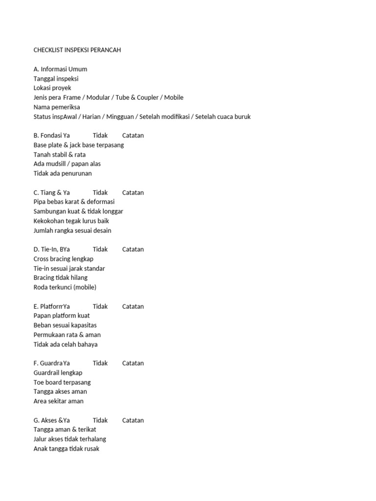 Checklist Inspeksi Perancah | PDF
