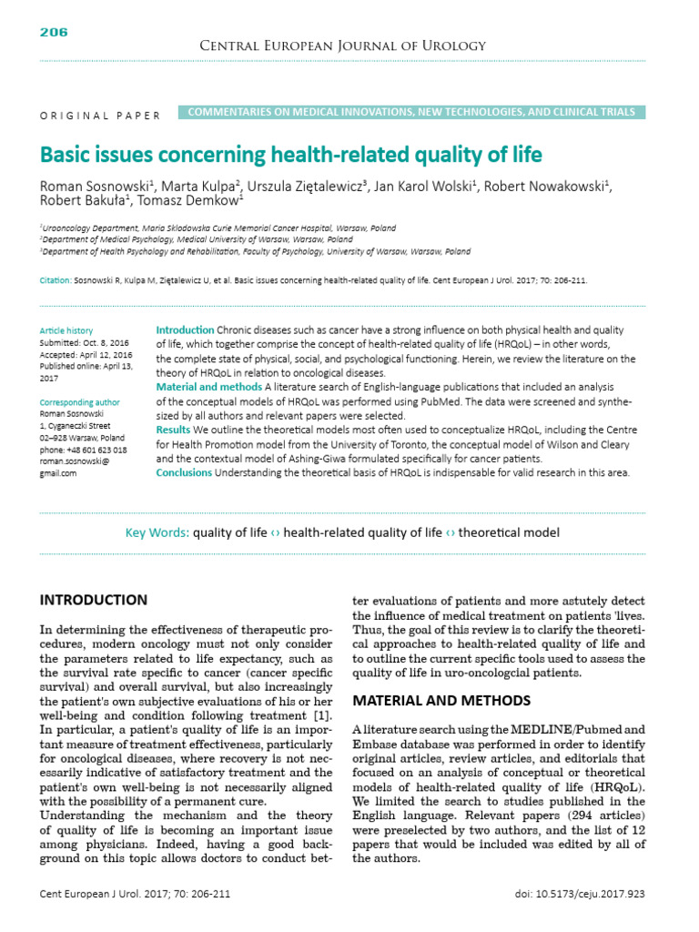 Basic Issues Concerning Health-Related Quality of Life | PDF | Quality ...