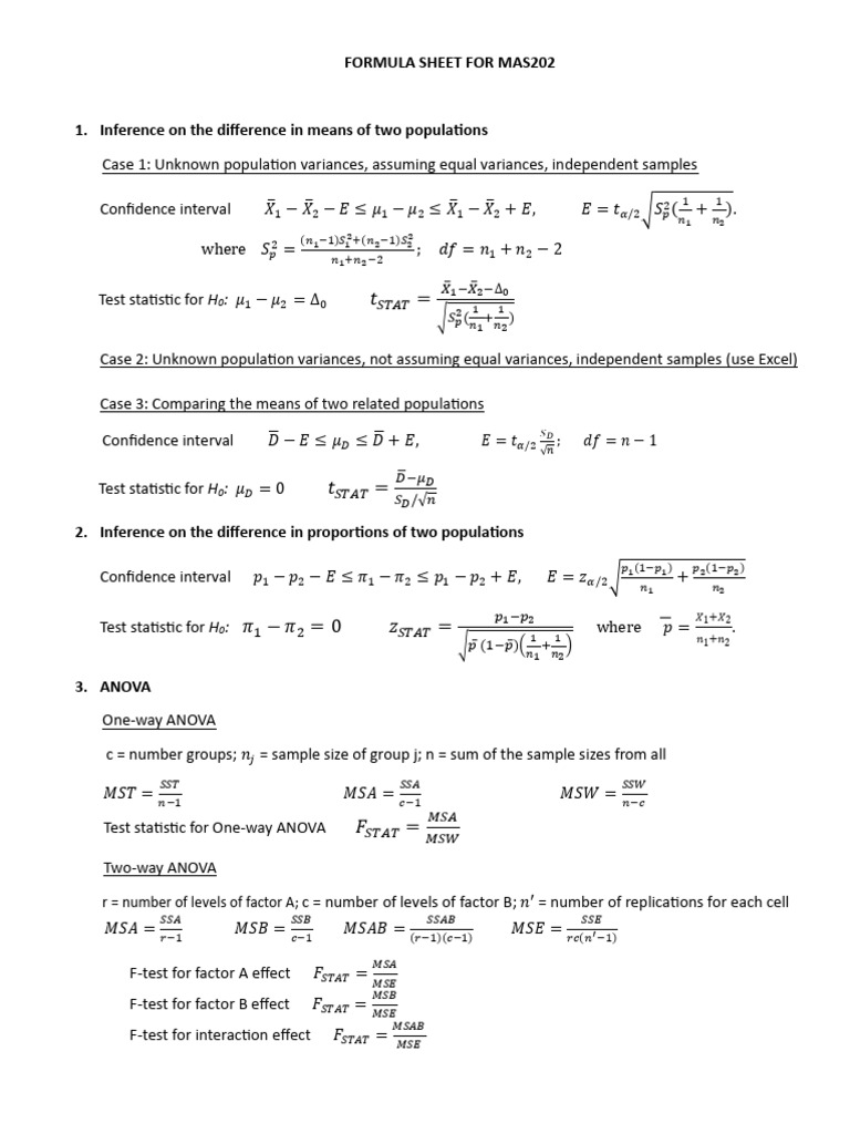 Formula Sheet Mas202 12.11.2024 | PDF | F Test | Analysis Of Variance