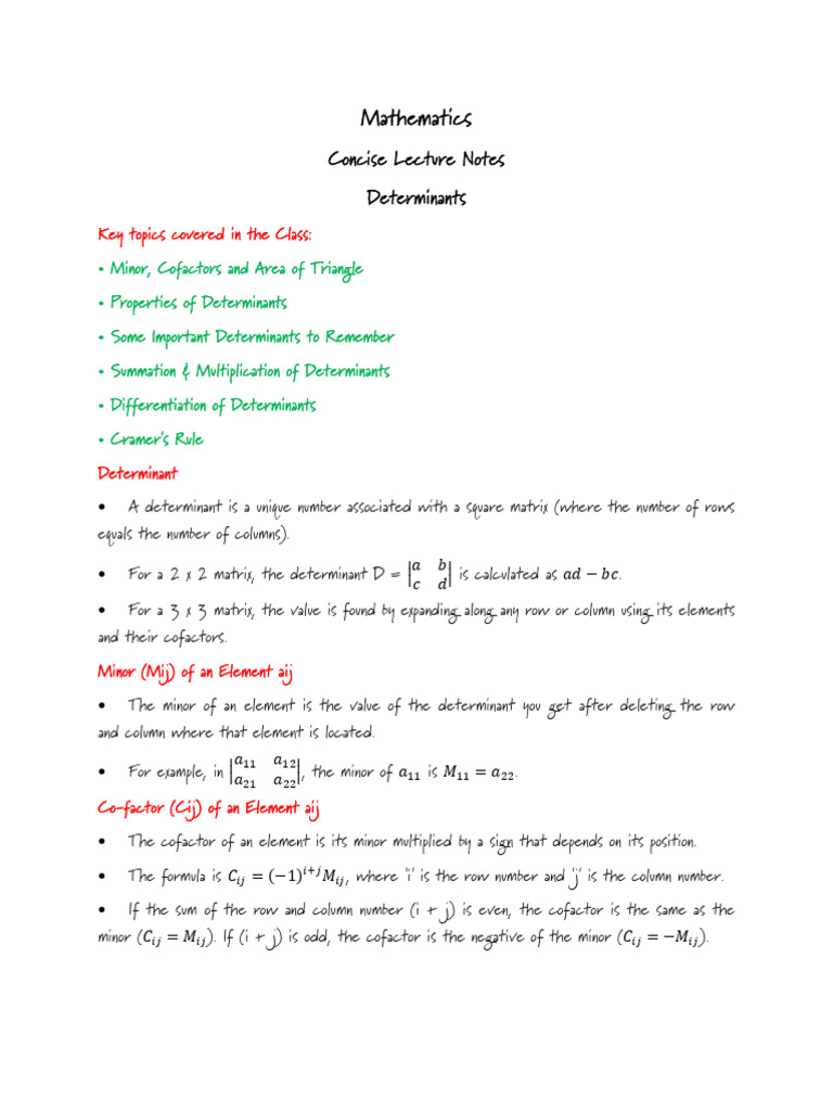 Determinants - Short Notes | PDF | Determinant | System Of Linear Equations