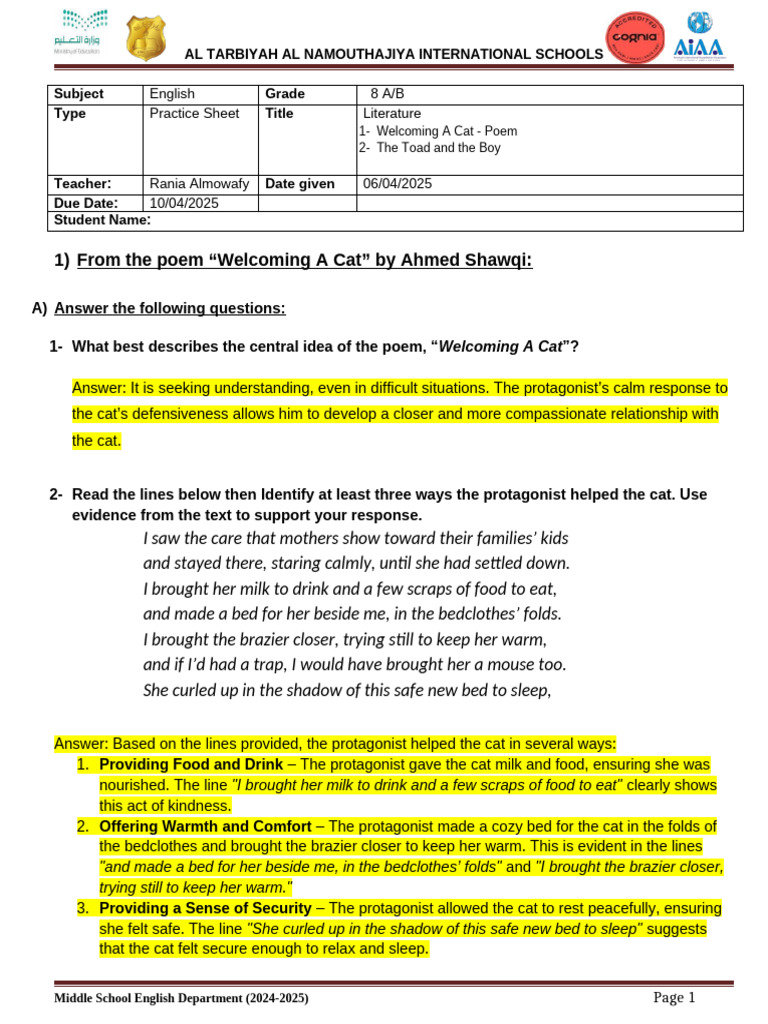Trimester 3 Literature Practice Sheet 1 - Model Answer | PDF | Psychology