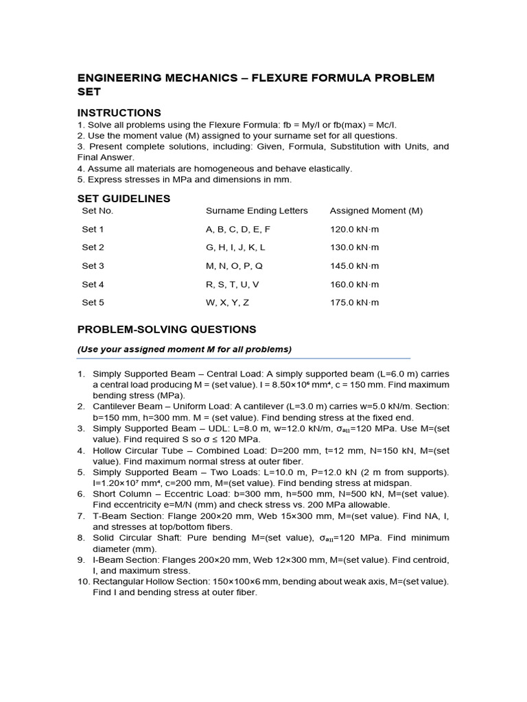 Flexure Formula Problem Set Guide | PDF