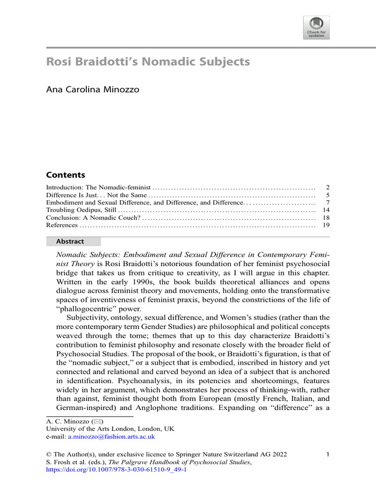 Rosi Braidotti's Nomadic Subjects Ana Carolina Minozzo | PDF | Feminism ...