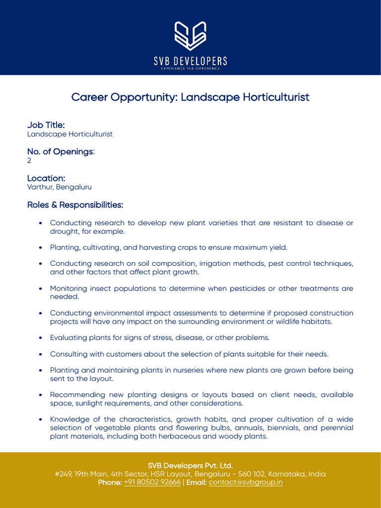 Landscape Horticulturist Job in Bengaluru | PDF | Horticulture ...