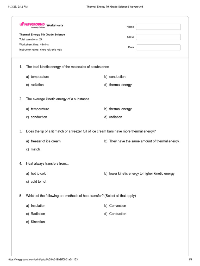 7th Grade Thermal Energy Worksheets | PDF | Thermal Conduction | Heat ...