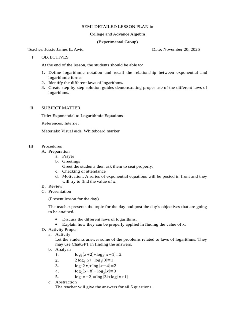 Semi Detailed Lesson Plan G3 Experimental | PDF | Logarithm | Exponential Function
