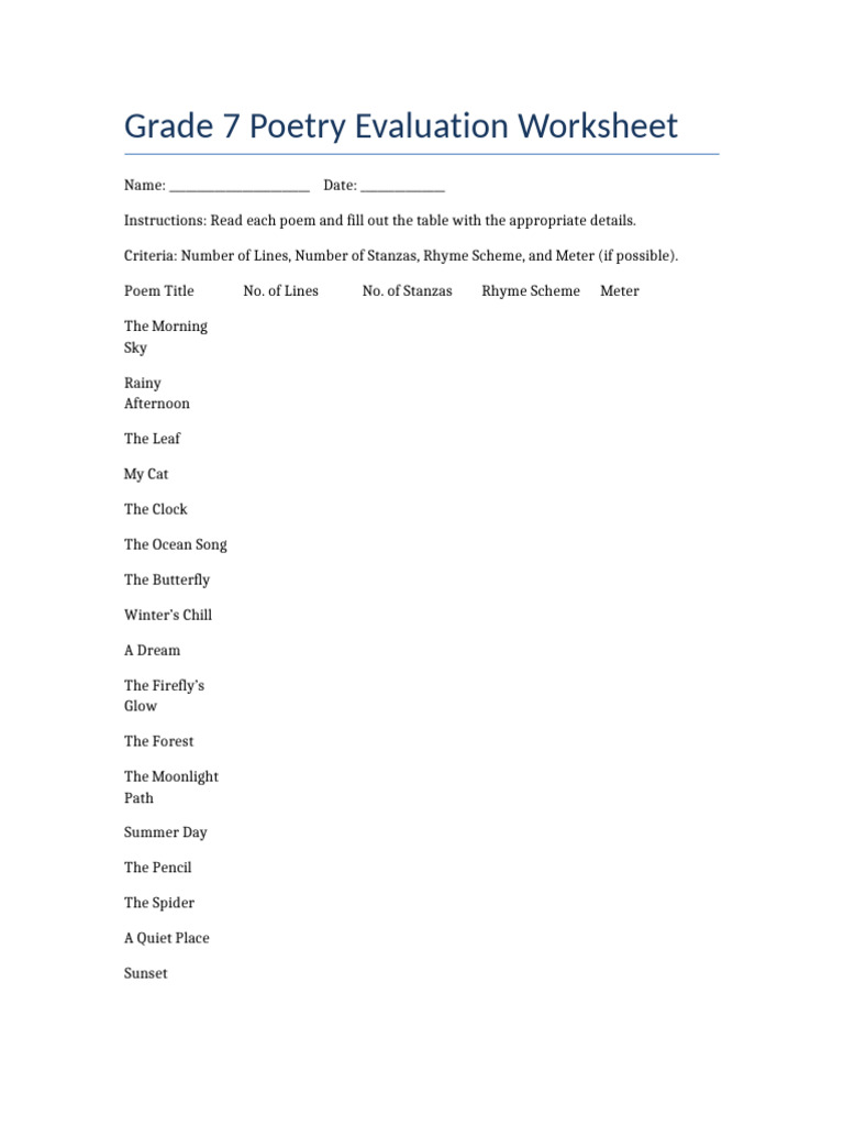 Grade7 Poetry Worksheet | PDF