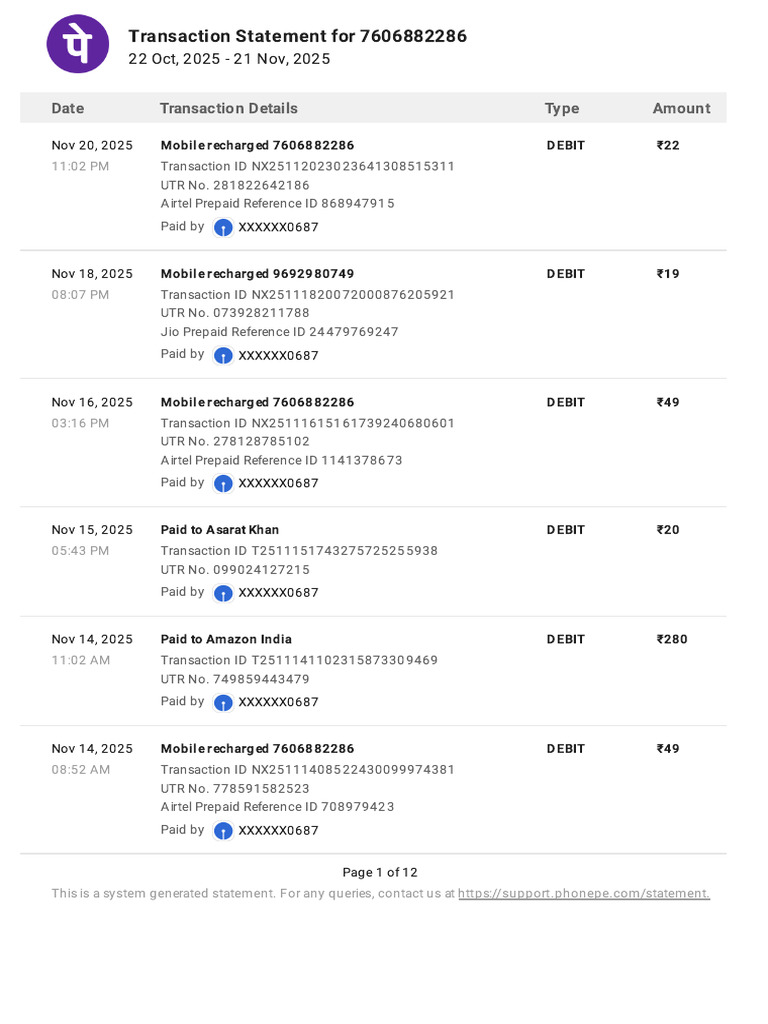 Mobile Recharge and Payment Statement | PDF | Debit Card | Corporations