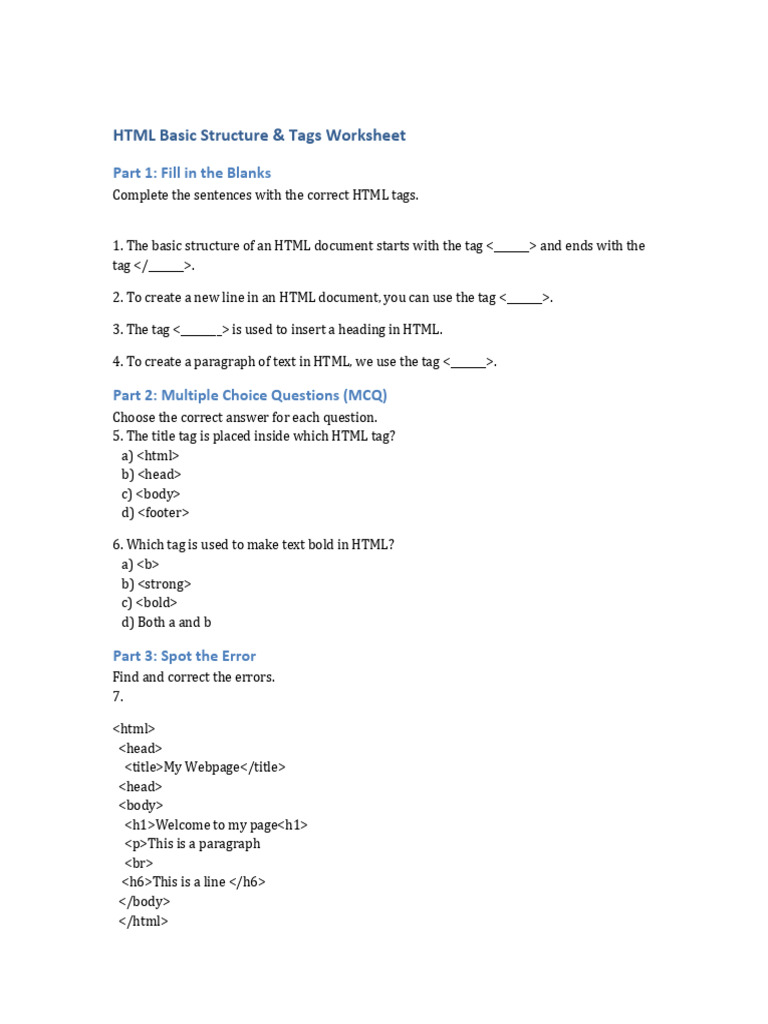 HTML Worksheet Year6 | PDF