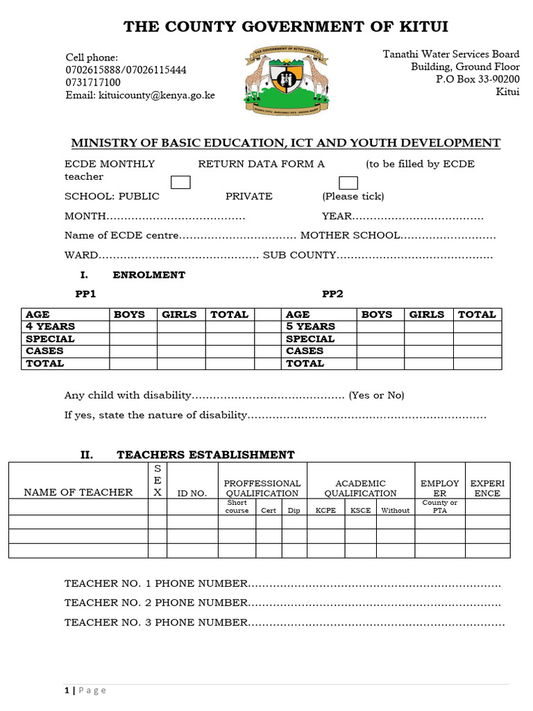 Kitui ECDE Monthly Return Form | PDF | Intelligence | Learning