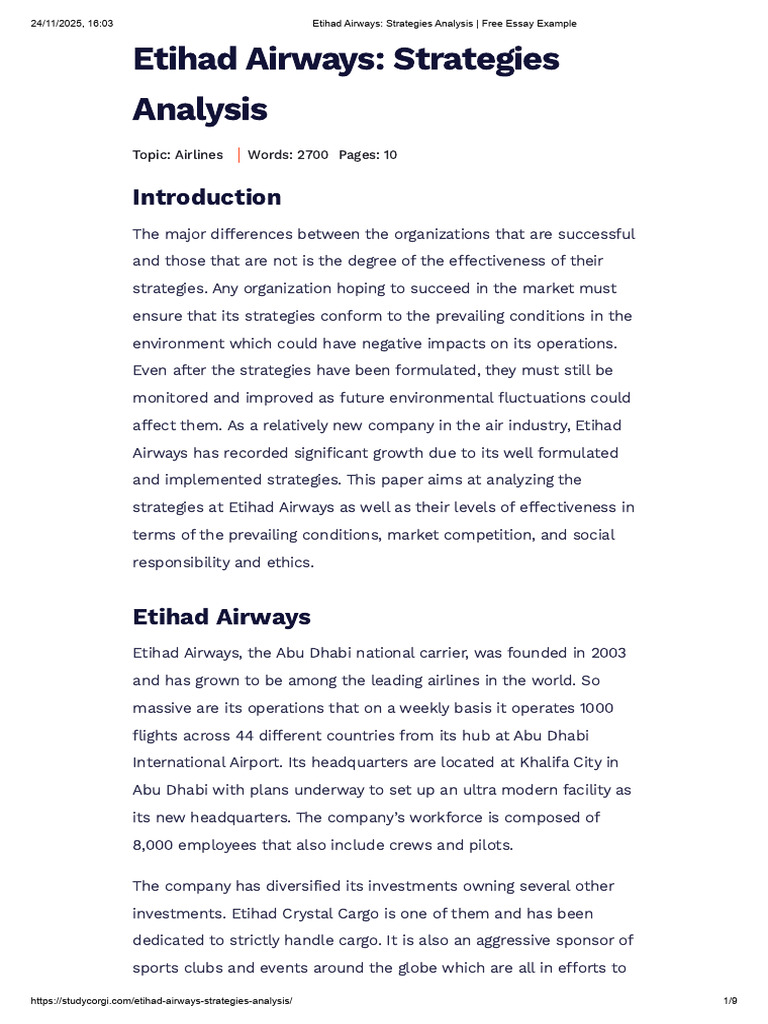 Etihad Airways - Strategies Analysis - Free Essay Example | PDF ...