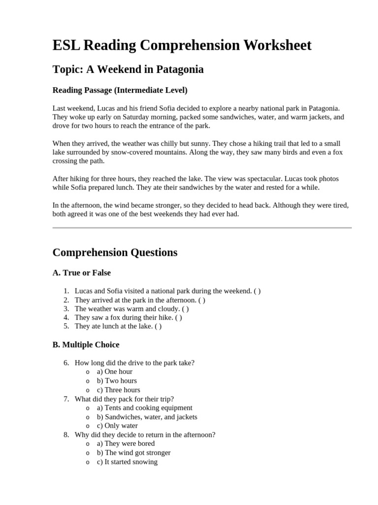 ESL Reading Comprehension Worksheet Weekend in Patagonia | PDF