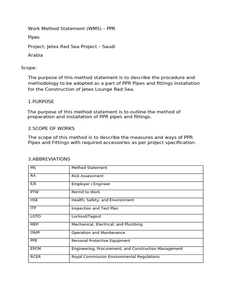 PPR Pipe Installation Method Statement | PDF | Pipe (Fluid Conveyance ...