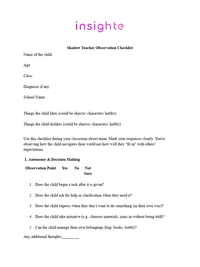 Shadow Teacher Observation Checklist | PDF | Classroom | Human ...