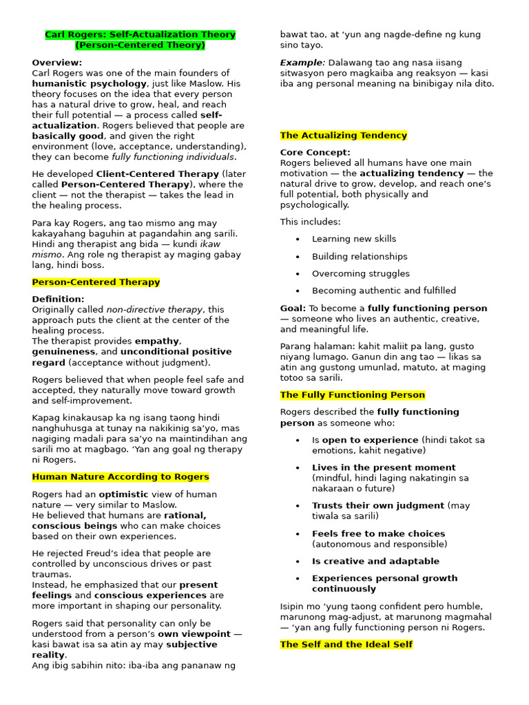 Carl Rogers Notes | PDF | Psychotherapy | Self Actualization