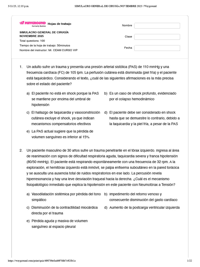 Simulacro General de Cirugía Noviembre 2025 | PDF | Estómago | Medicina CLINICA