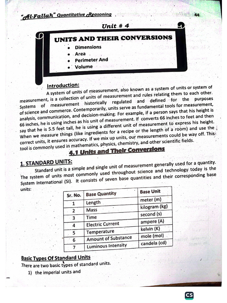 Units and Their Conversation, Dimension Area, Perimeter and Volume ...