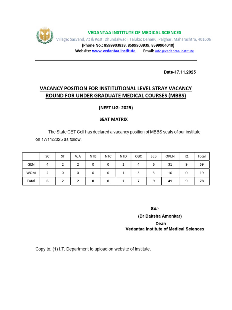 Vacancy Position For Institutional Level Stray Vacancy Round | PDF