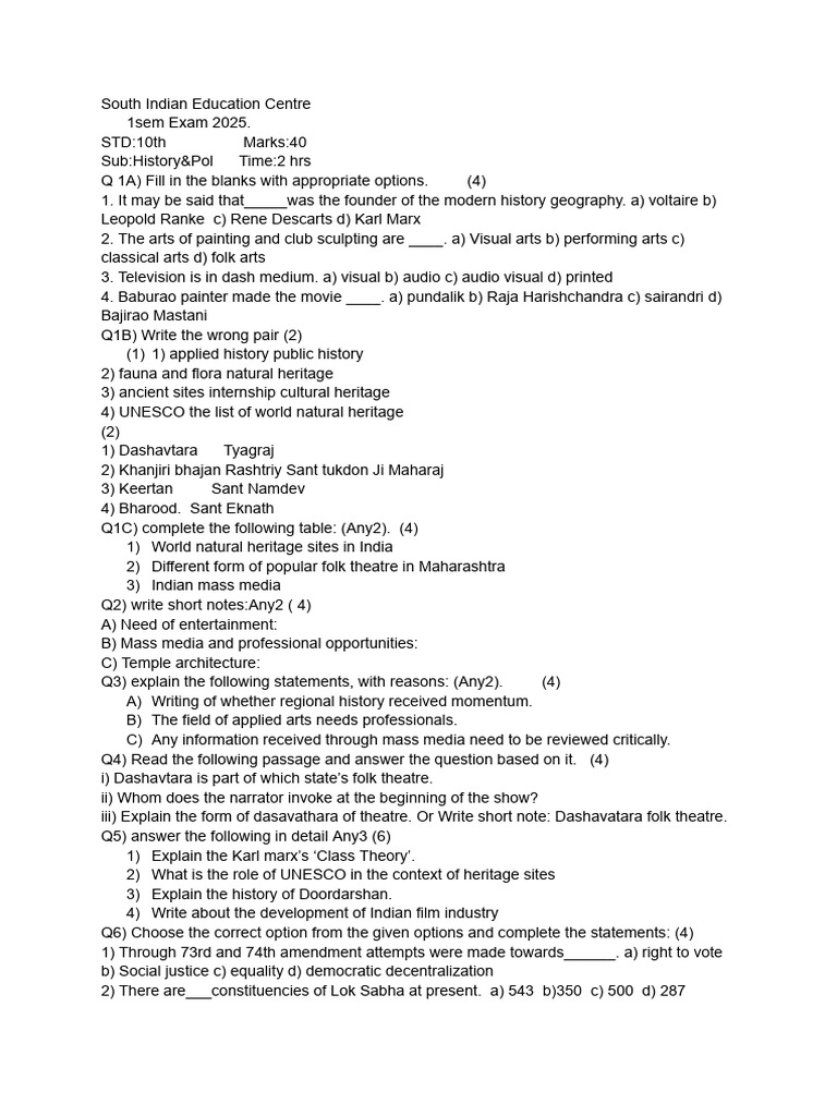 1 Sem 10th History & Pol 2025 | PDF
