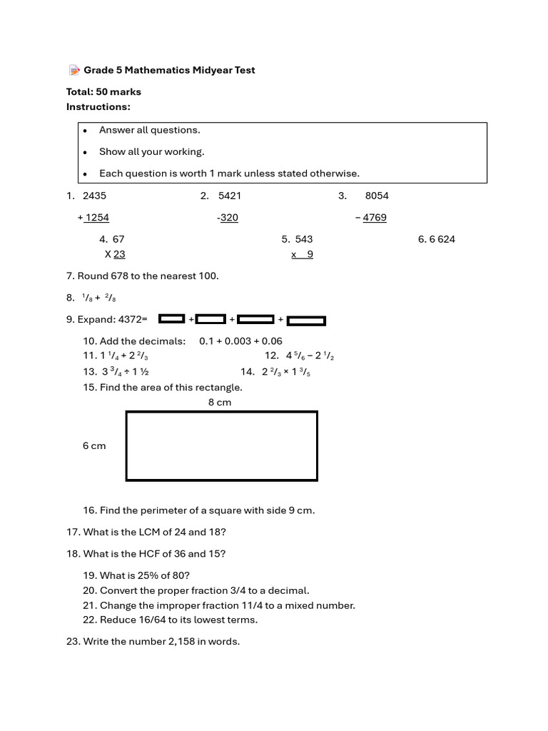 Grade 5 Midyear Math Test Questions | PDF | Area | Length