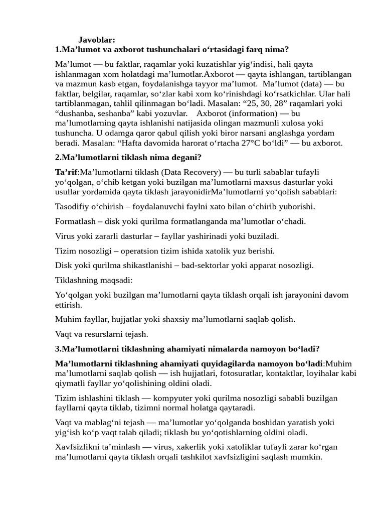 Yakuniy Savollar Malumotlarni Tiklash Javoblar | PDF