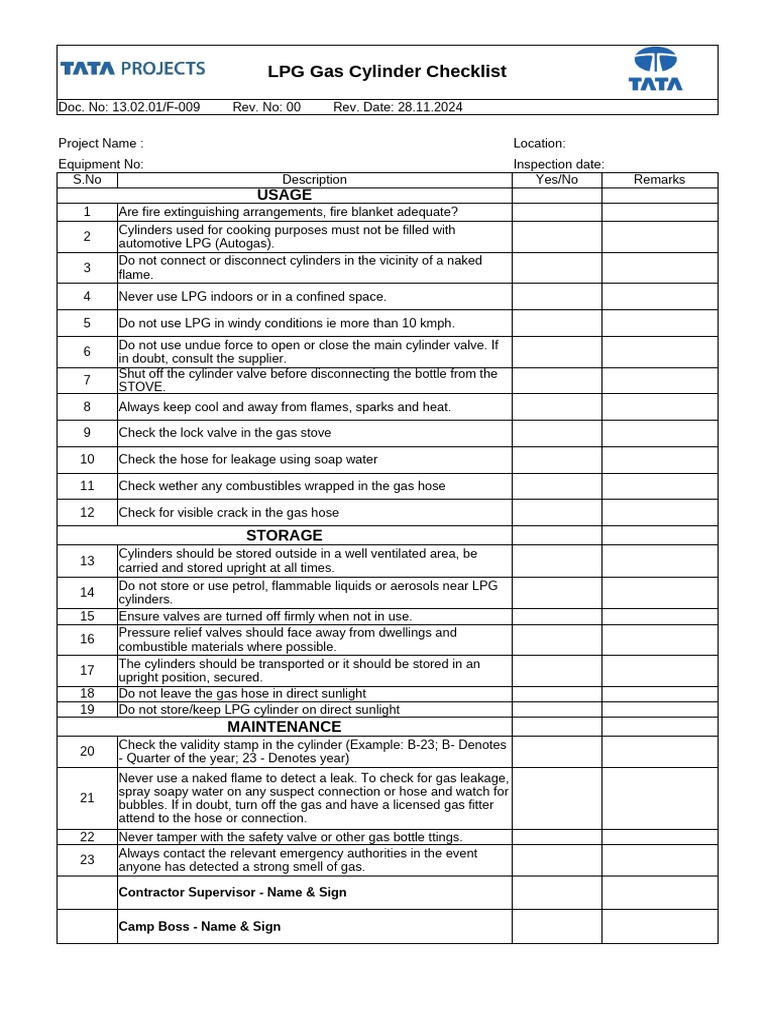 13.02.01 F-009 LPG Gas Cylinder Checklist R0 | PDF | Liquefied ...