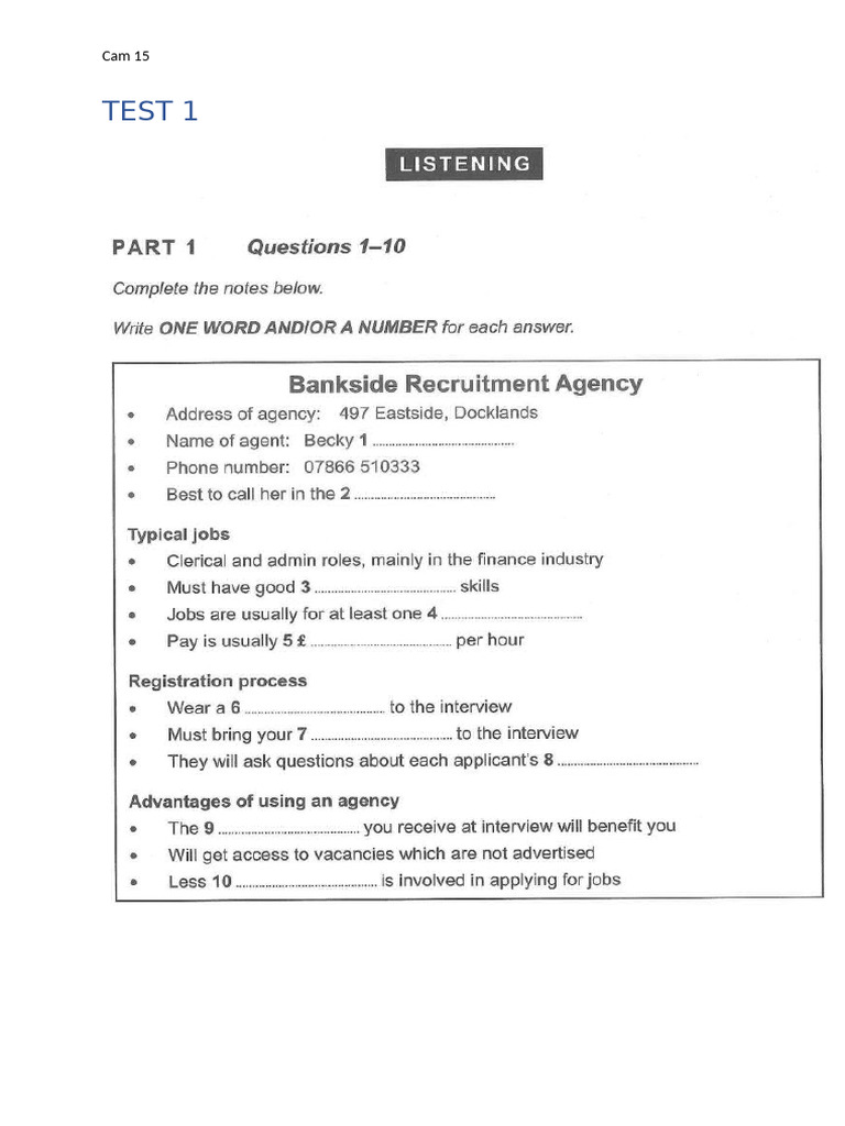 Listening Cam 15 Test 1 Part 1 | PDF