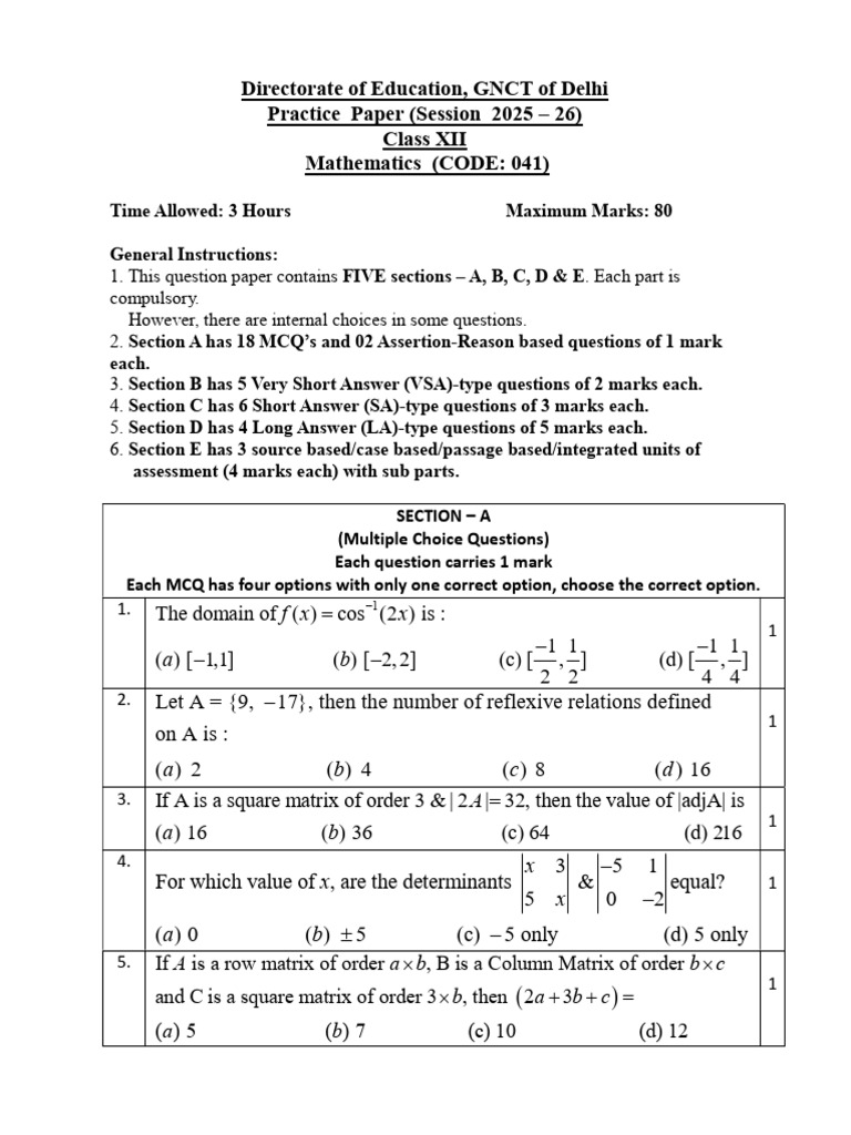 Class XII Mathematics Practice Paper 2025-26 | PDF | Matrix ...