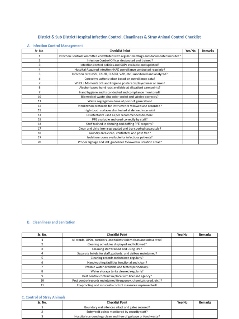 Hospital Infection Control Checklist | PDF | Public Health | Health ...