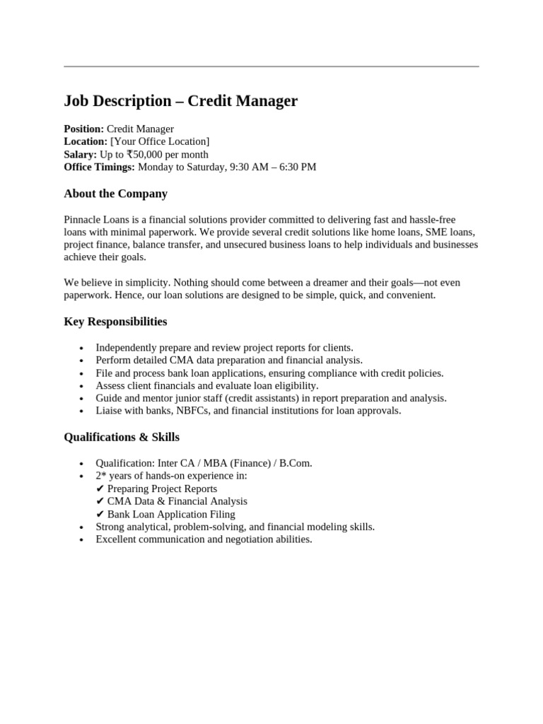 Job Description - Credit Manager - Pinnacle Loans | PDF