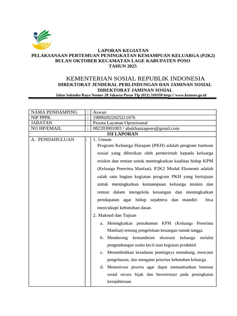 LAPORAN P2K2 Pendamping PKH | PDF