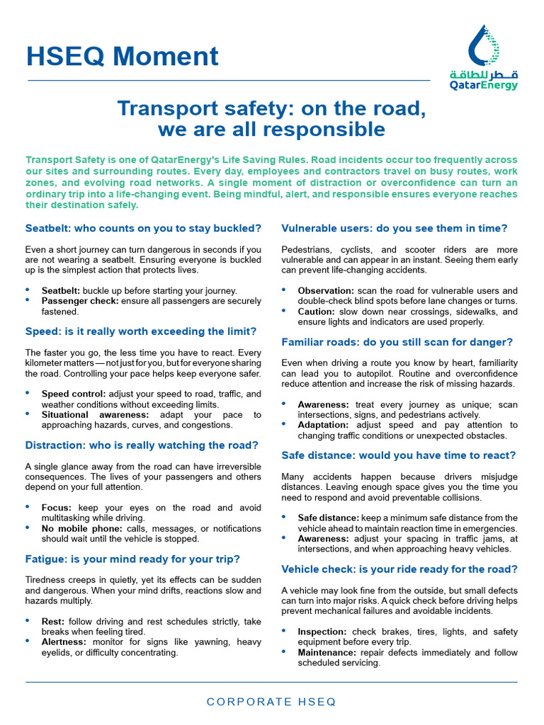 HSEQ Moment - Transport Safety 2025 | PDF | Safety | Road