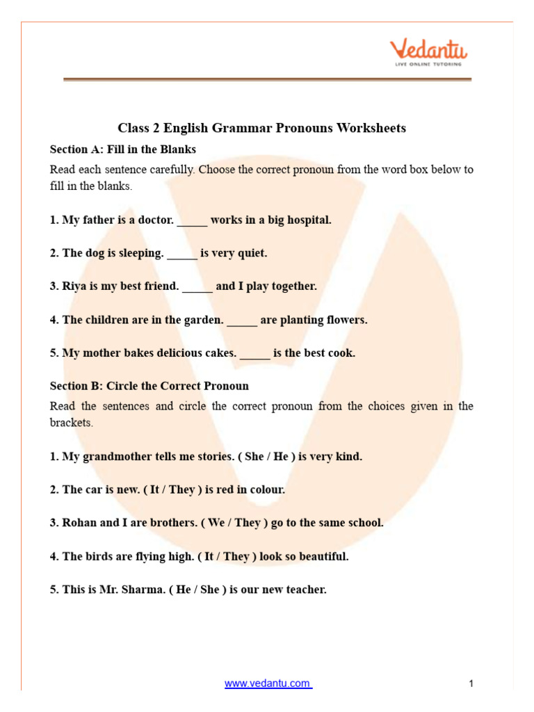 Class 2 English Grammar Pronouns Worksheet PDF (Free) | PDF | Syntax ...