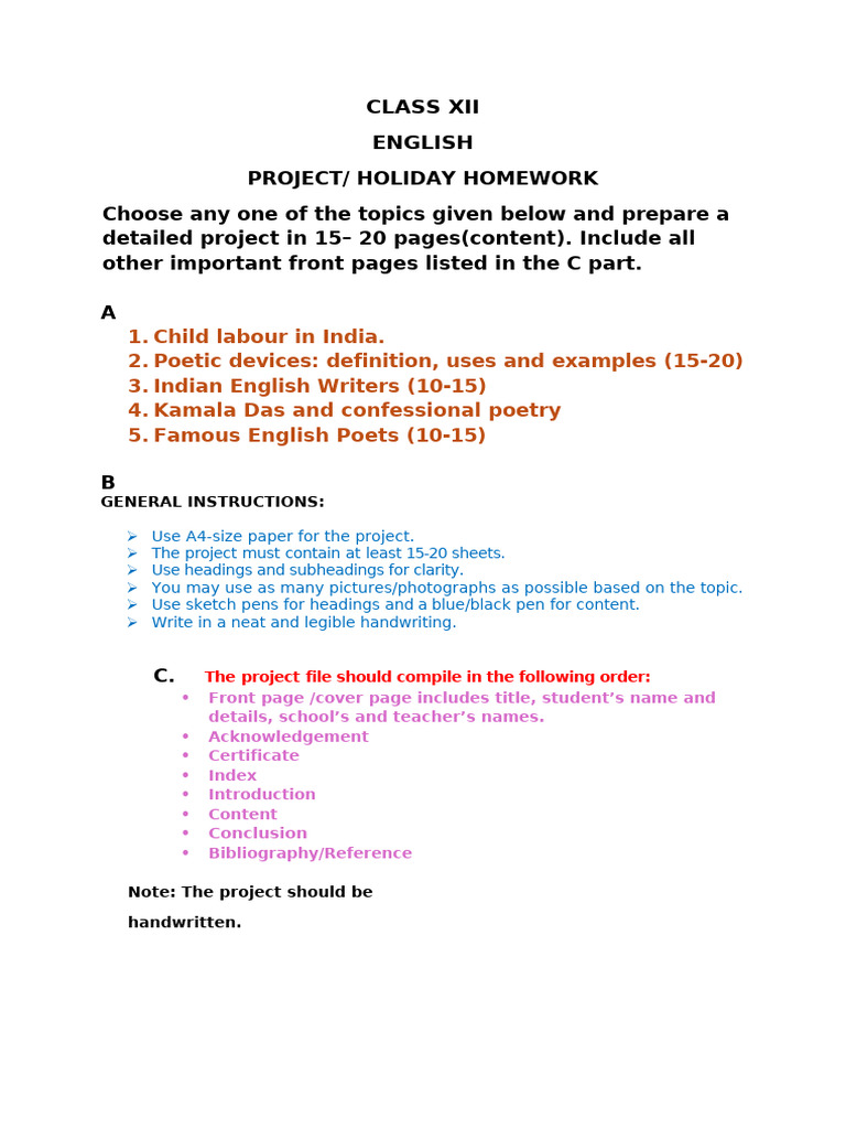 Class XII English Project Guidelines | PDF