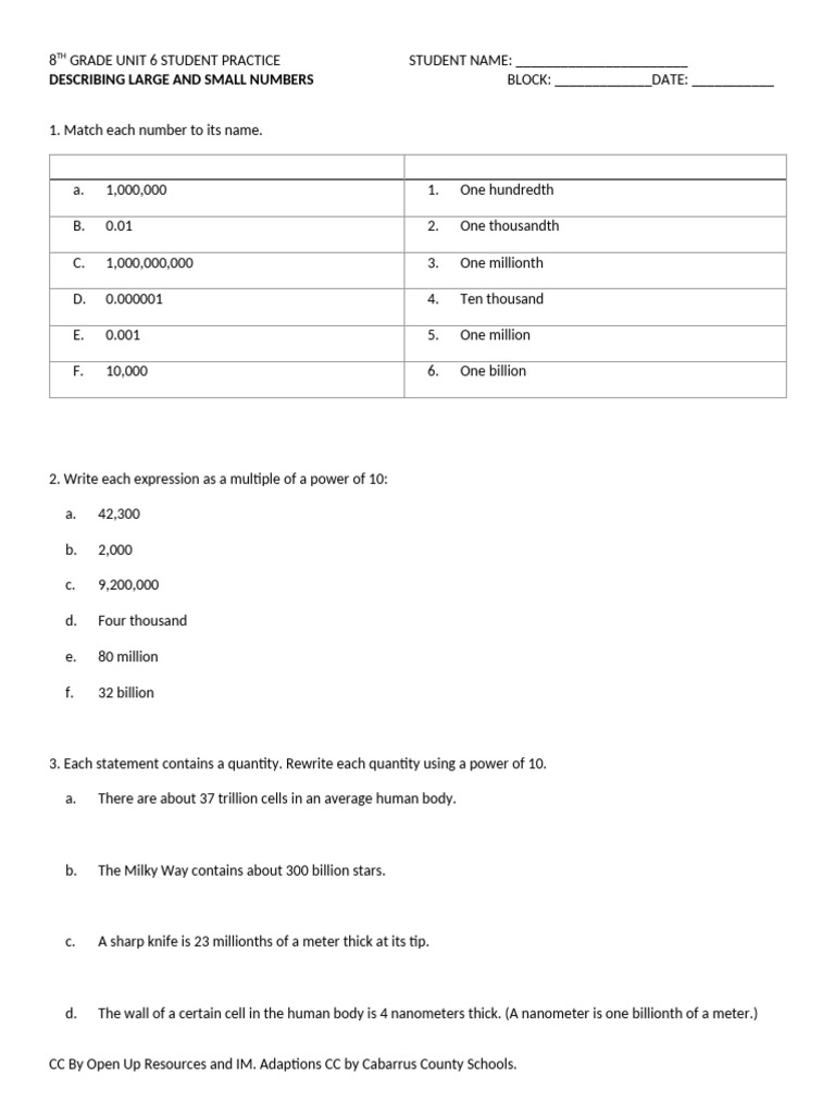 Describing Large and Small Numbers Practice | PDF