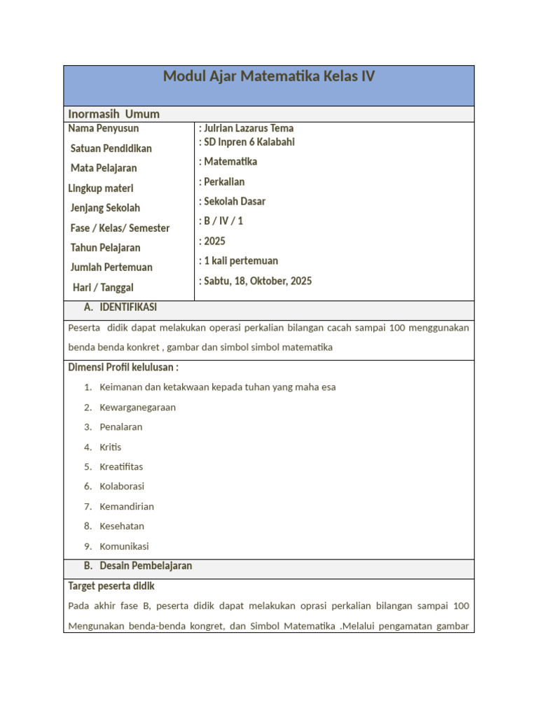 Modul Ajar Perkalian Kelas IV SD | PDF